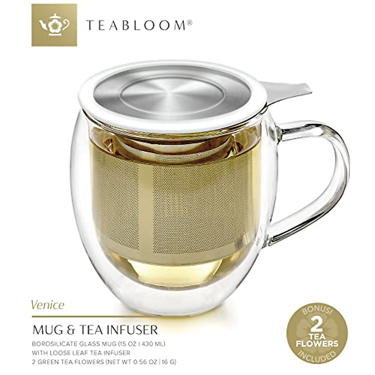 Teabloom Double-Wall Heatproof Glass Mug with Stainless Steel Infuser and White Lid – 15 OZ / 430 ML – 2 Blooming Teas Included