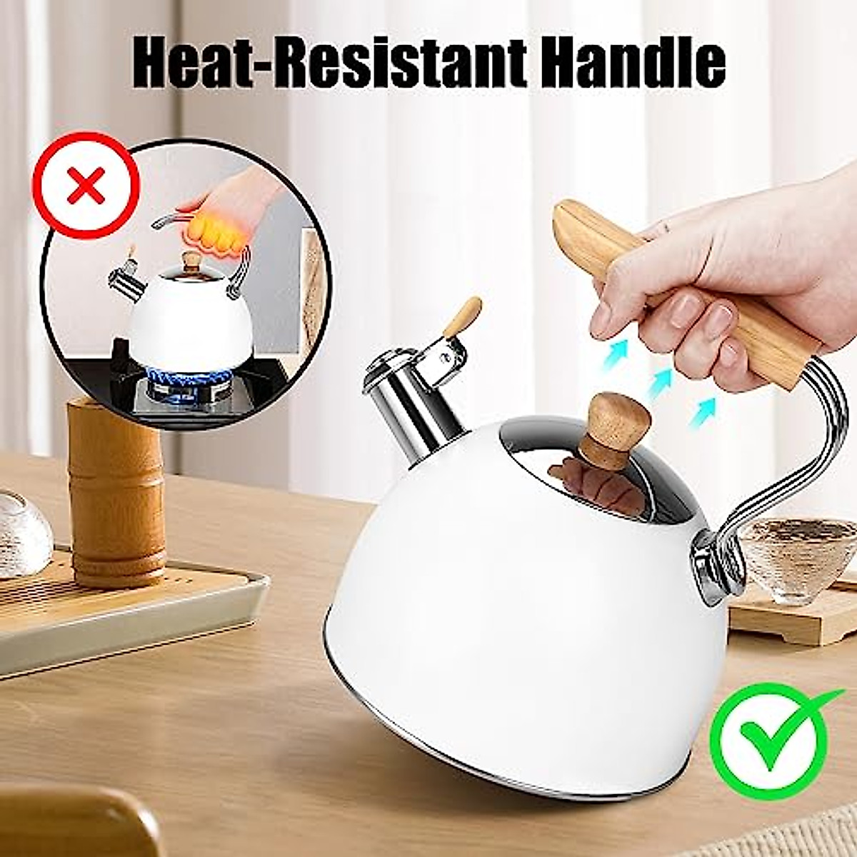 Tea Kettle, Beyoung 2.5 Liter Whistling Tea Kettle, Tea Pots for Stove Top Food Grade Stainless Steel with Wood Pattern Handle, Universal Base Suitable for Tea, Coffee, Milk