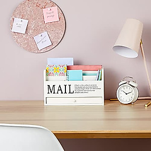 Juvale White Mail Organizer for Desktop, Wooden Mail Sorter Storage Box for Countertop, Home Office, Farmhouse-Style 3-Tier Holder with Drawer for Files, Bills and Letters (11 In)