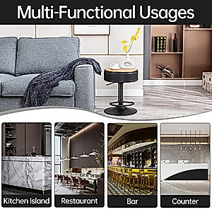 Round Storage Bar Stool Set of 2, Black Faux Leather Height Adjustable Barstool, 360°Counter Height Swivel Stool, Armless Bar Chair with Metal Frame for Kitchen Counter Dining Living Room