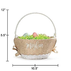 Personalized Easter Egg Basket with Handle and Custom Name in White Script | Scallop Edge Burlap Easter Basket Liners | White Basket | Woven Easter Baskets for Kids Adults | Customized Easter Basket