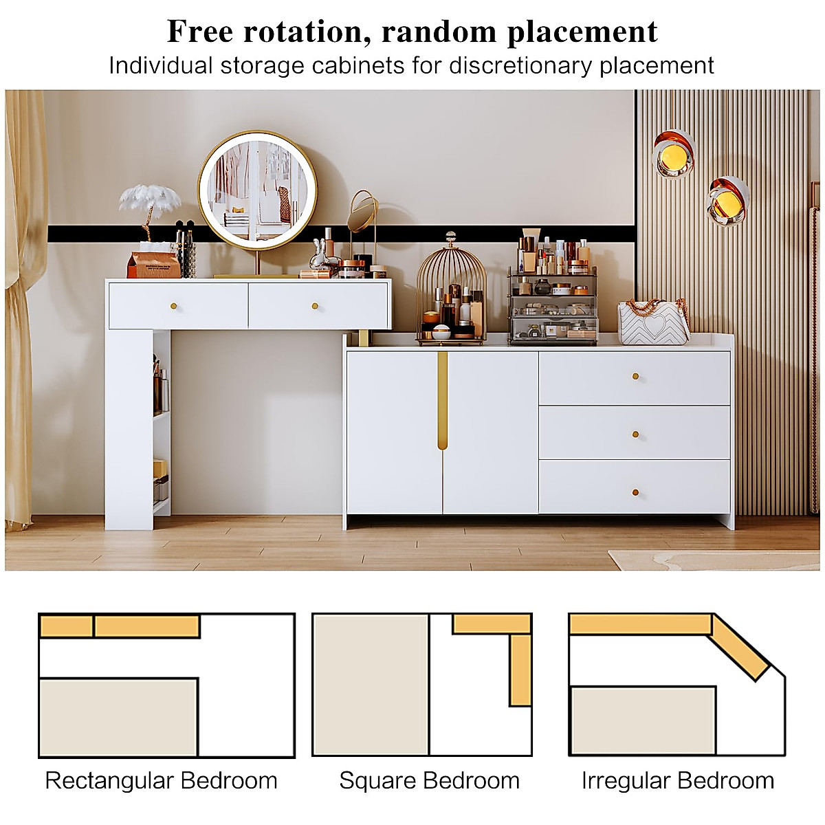Vanity desk with mirror and lights, 3 Color Touch Screen,Modern Retractable Makeup Dressing Table with Adjustable Cabinet and 5 Sliding Drawers,Vanity Table Set ,Writing Desk Bedroom Essential,White