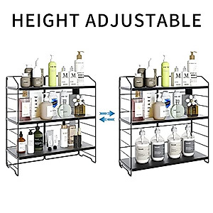 BOIVSHI 3-Tier Bathroom Countertop Organizer, 8-levels Height Adjustable Bathroom Counter Organizer Storage Shelf for Bathroom Kitchen Spice Rack Vanity Tray Cosmetic Storage Holder, Metal Black