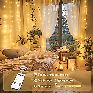 JMEXSUSS 300 LED Remote Control Curtain Lights, Plug in Fairy Curtain Lights Outdoor, Window Wall Hanging Curtain String Lights for Bedroom Backdrop Wedding Party Xmas Indoor Decor, Warm White