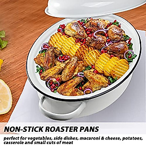 Webake Enameled Roasting Pan with Lid, Covered Roaster Pan Oval Pot Enamelware Cookware, 15.5 Inch, Vintage Farmhouse White