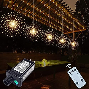 PXBNIUYA 5 Pack 1000LED Plug in Starburst Sphere Lights,Firework Lights 8 Modes Dimmable Remote Control Waterproof Hanging Fairy Light, Copper Wire Lights for Patio Party Tent Christmas (Warm White)