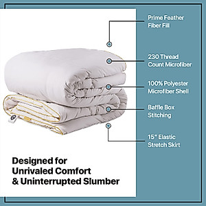 Simmons Feather Bed Queen Mattress Topper with 230TC Microfiber Shell - Skin Friendly Prime Feather Fiber Baffle Box Mattress Topper with 15” Skirt for Queen Size Bed - Plush Mattress Pad, 60”x80