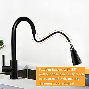 FIFOAH Kitchen Sink Faucets with Pull Down Sprayer, Stainless Steel Matte Black Kitchen Faucet, Single Handle Faucet with Pullout Sprayer, Modern Kitchen Faucets for RV Bar Farmhouse Sink