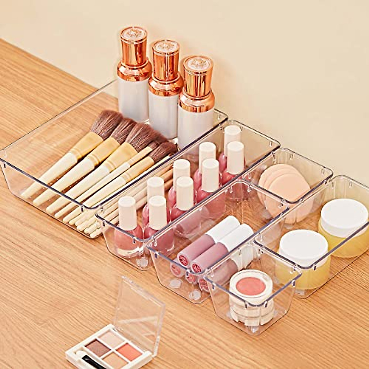 SMARTAKE 28-Piece Drawer Organizers with Non-Slip Silicone Pads, 4-Size Desk Drawer Organizer Trays Storage Tray for Makeup, Jewelries, Utensils in Bedroom Dresser, Office and Kitchen, Clear