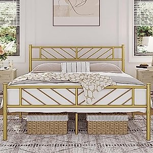 Yaheetech Full Size Platform Bed Frame with Arrow Design Headboard,13 Inches Metal Mattress Foundation for Storage,No Box Spring Needed,Easy Assembly,Modern,Antique Gold