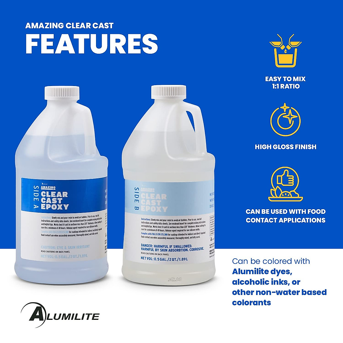 Alumilite Amazing Clear Cast [0.5 gal A + 0.5 gal B(1 Gallon) 2 Part Liquid Kit] High-Gloss Plastic Finish | Multi-Purpose Epoxy Resin for Casting & Coating Countertop, Wood Crafts & Encapsulation Art