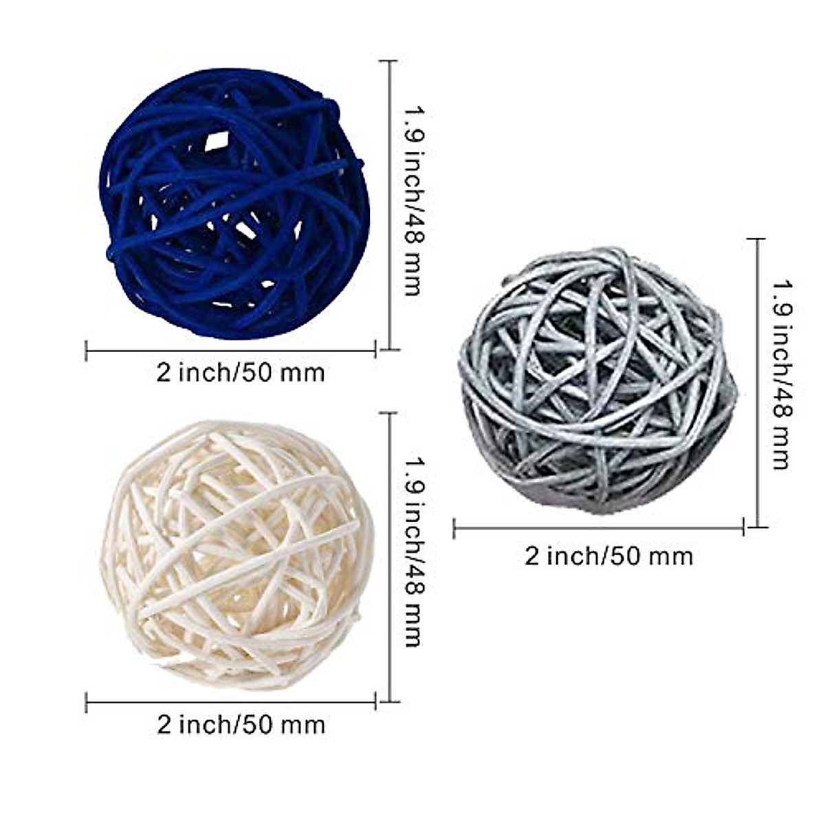 Worldoor 15 pcs Mixed Navy Blue Gray White Wicker Rattan Balls Table Wedding Party Christmas Decoration