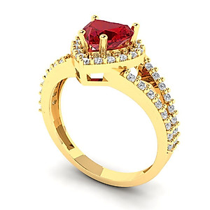 Clara Pucci 1.69ct Heart Cut Solitaire Halo split shank Red Ruby Designer Wedding Bridal art deco Anniversary Ring 14k Yellow Gold 10