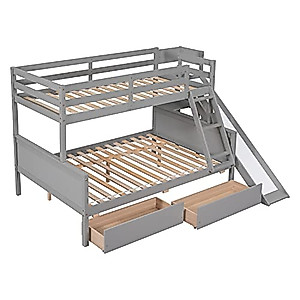 GLORHOME Twin Over Full Bunk Bed,Wooden Bunk Bed, Bunk Bed with Drawers,Slide,Grey