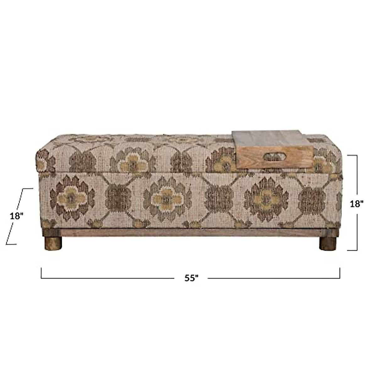 Creative Co-Op Cotton Kilim Upholstered Mango Wood Bench with Floral Pattern and Removable Tray, Multicolor Sofas, 55" L x 18" W x 19" H