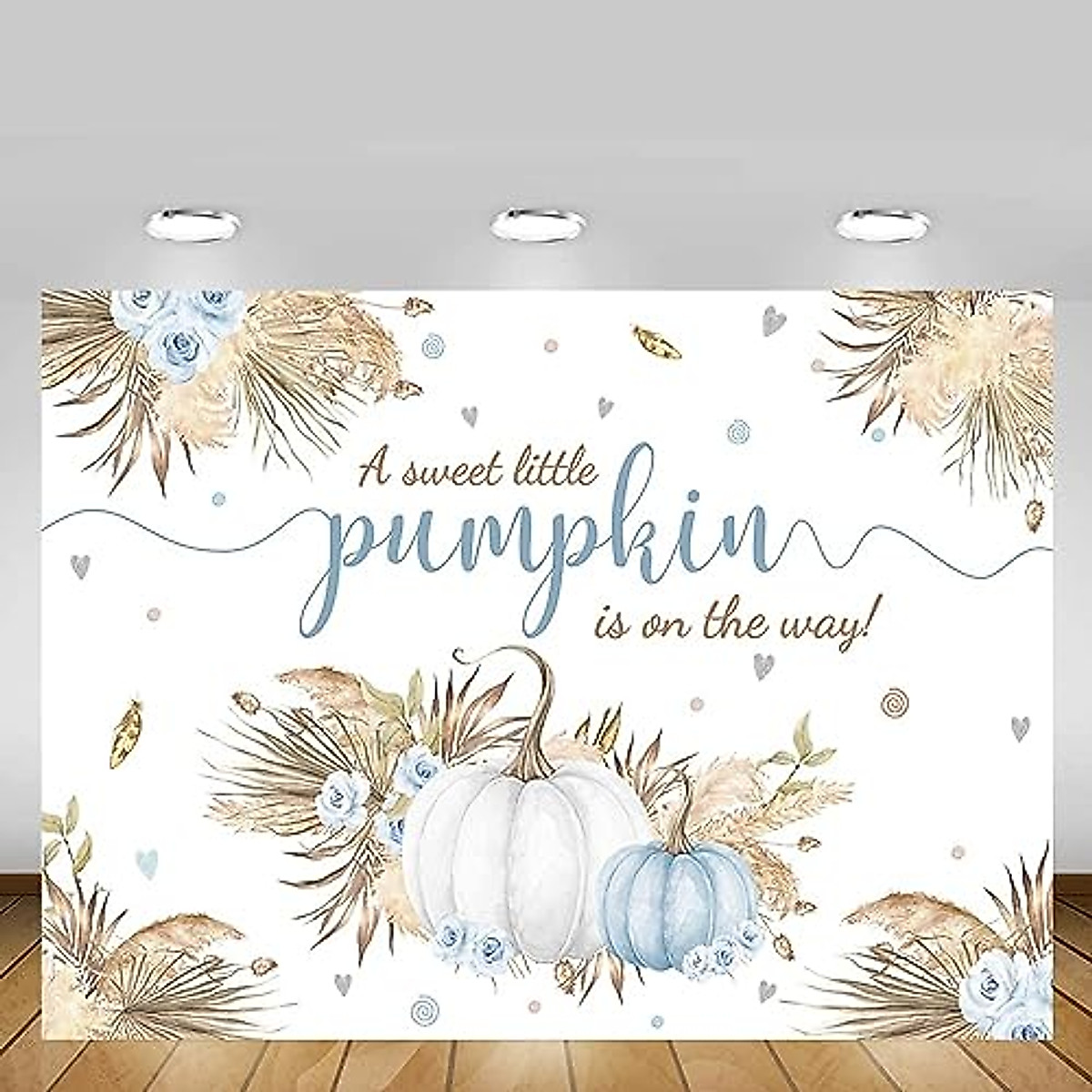 MEHOFOND 8x6ft Autumn Boho Little Pumpkin Backdrop for Boy Baby Shower Fall Leaves Pampas Grass Thanksgiving Blue White Floral Background for Photography Party Decorations Banner Photo Booth Props