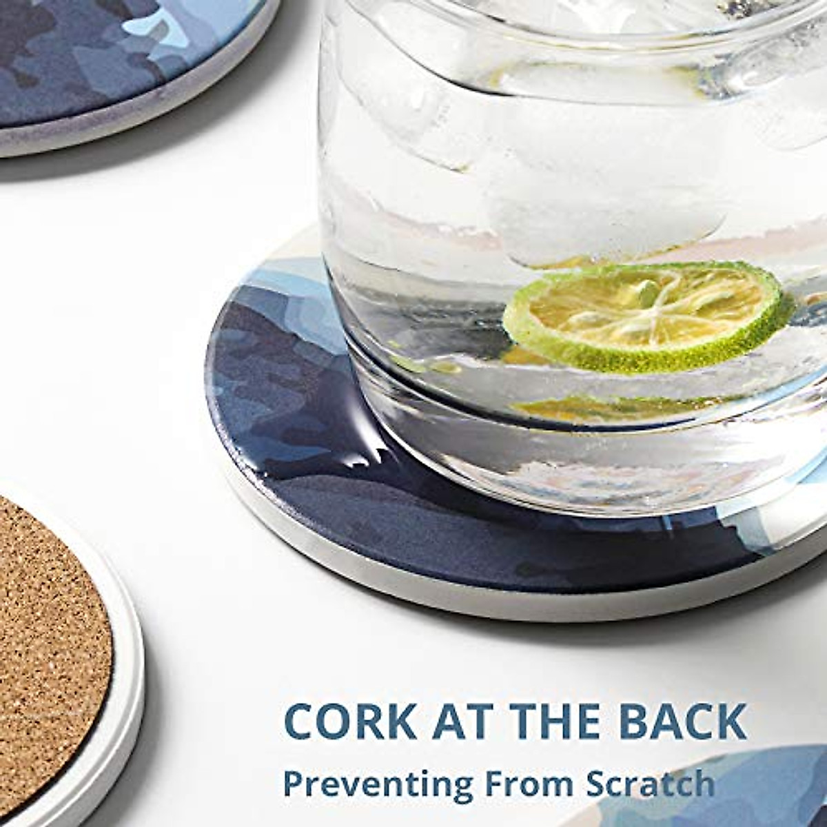 LIFVER Absorbent Drink Coasters with Holder, Set of 6 Ceramic Coasters Set with Cork Base, for Kinds of Drinking Glasses, 4 Inches Stone Coasters for Home Decor, White Elephant Gifts for Adults