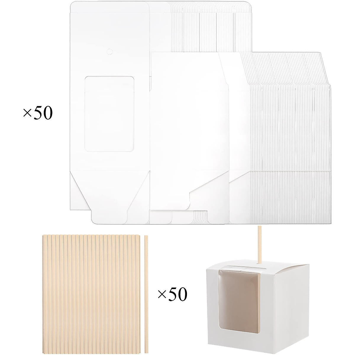 Frcctre 50 Pack White Kraft Candy Apple Boxes with Holes and Sticks, 4" x 4" x 4" Caramel Apple Box Gift Boxes Favor Boxes with Clear Window for Wedding Christmas Baby Shower Party Accessories