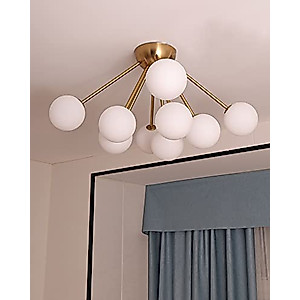 BAODEN Large 9 Lights Modern Globe Semi Flush Mount Ceiling Light Mid Century Sputnik Chandeliers with White Globe Glass Lampshade Brushed Brass Elegant Light Fixture for Living Room Lighting(Gold)