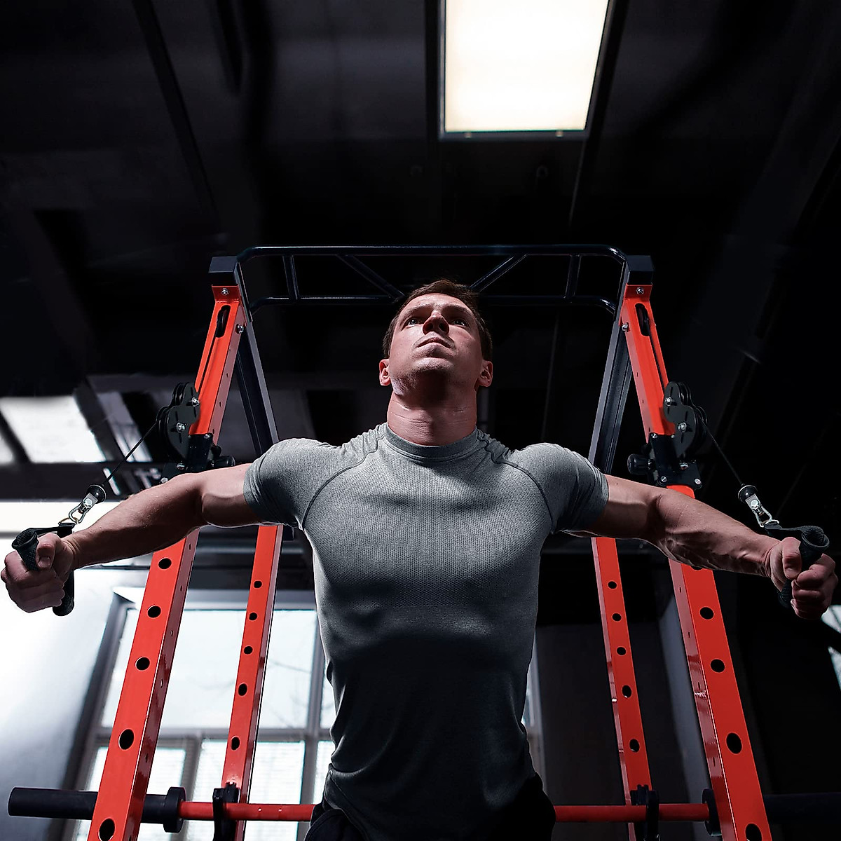 RitFit Multi-Function Power Rack Cage PPC03 with Adjustable Cable Crossover System,1000LBS Capacity, Full Home Gym Workout with J-Hook, Landmine and Other Attachments-Orange