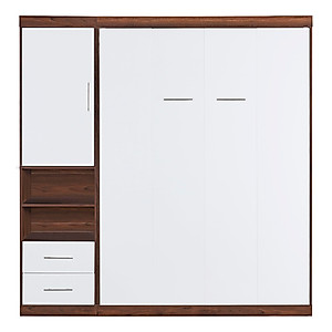 LZ LEISURE ZONE Full Size Murphy Bed, Wood Wall Bed Full Murphy Cabinet Bed with Drawers and Shelves, White+Wood