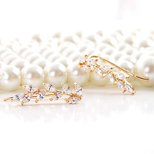 Humble Chic Ear Climber Earrings for Women, Gold Ear Cuff Earrings, Hypoallergenic Gold Dainty Earrings, Climbing CZ Crystal Gold Earrings, Leaf Ear Crawler Stud, Gold Flower Earrings, 14K Gold Plated