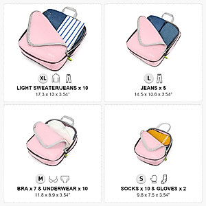 Gonex Compression Packing Cubes, 4pcs Expandable Storage Travel Luggage Bags Organizers (Pink)