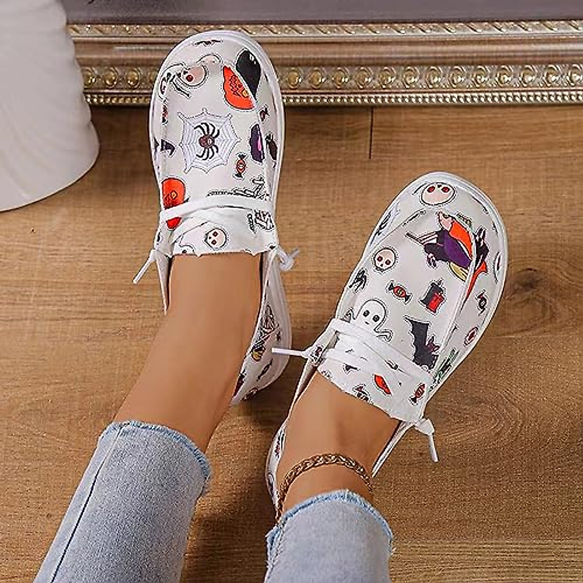 Halloween Shoes for Women,Women's Slip on Canvas Loafers Shoes for Women Low Top Sneakers,Women's Halloween Themed Loafers Casual Comfort Fashion Sneakers Pumpkin Printed Lace Up Walking Shoes