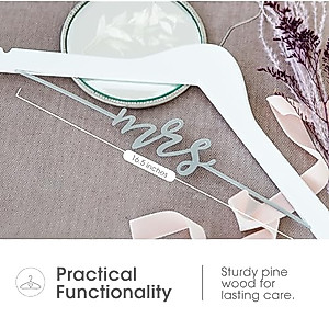 Pearhead Mrs. Wedding Dress Hanger for Bride to Be - Elegant Bridal Hanger, Ideal Keepsake for Wedding Day Photos and Gift for Bride, Wooden Hanger with Cursive Wire Lettering, White and Silver