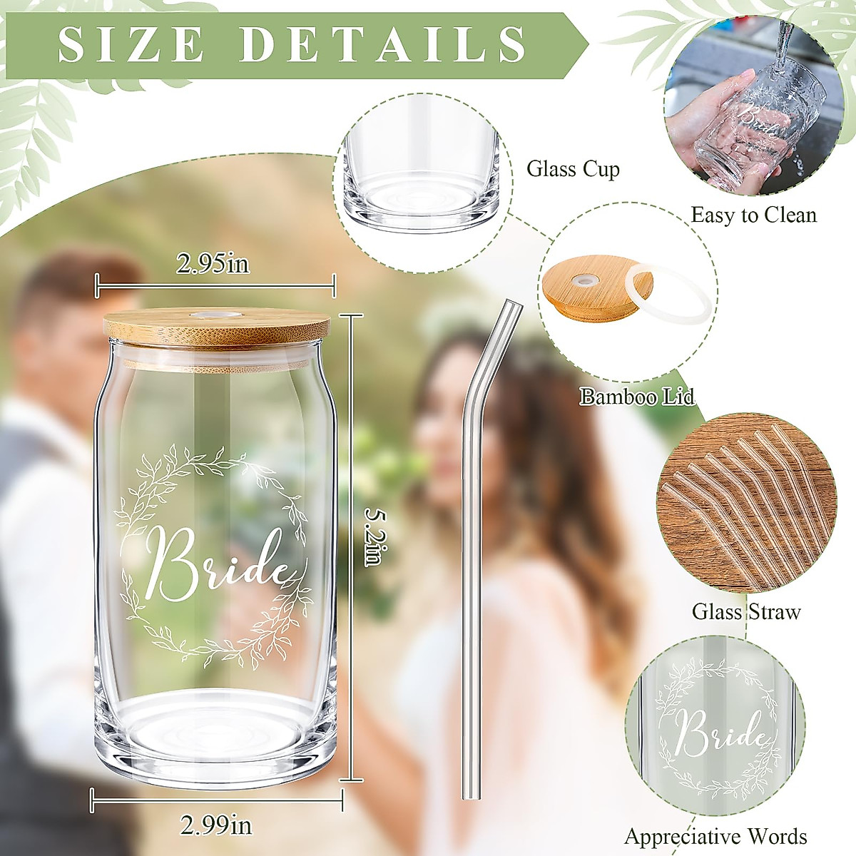 Layhit 10 Pcs Bridesmaid Gifts Bridesmaid Proposal Gifts 16 Oz Cute Can Shaped Drinking Glasses with Bamboo Lids and Glass Straw Iced Coffee Cup Mason Jar Cups for Engagement Wedding Bridal Shower