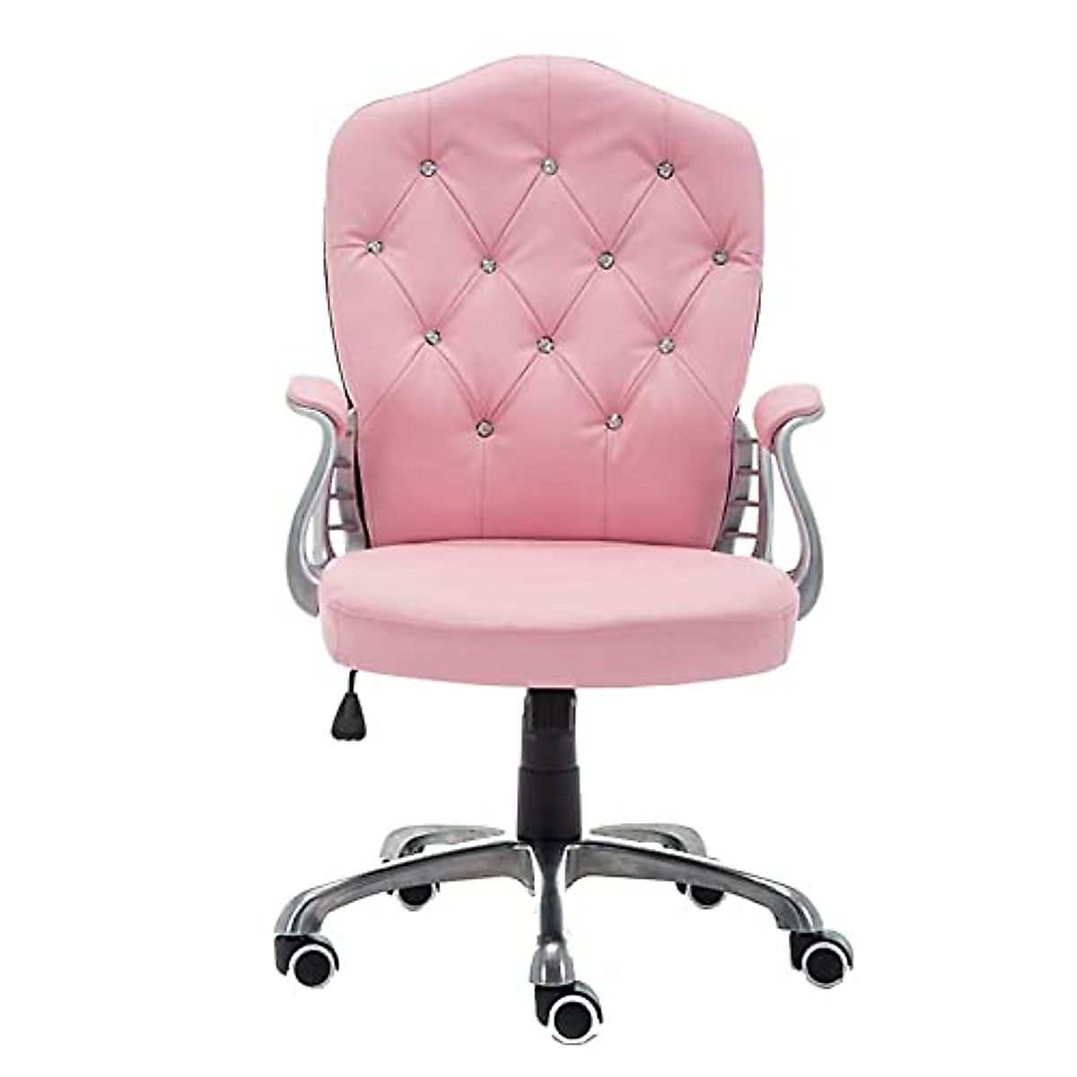 PU Leather Mid Back Office Chair, Ergonomic Swivel Chair, Lounge Chair, Delicate Rhinestone Inlay, with Fixed Armrests, Adjustable Height,Rolling Wheels (Pink)