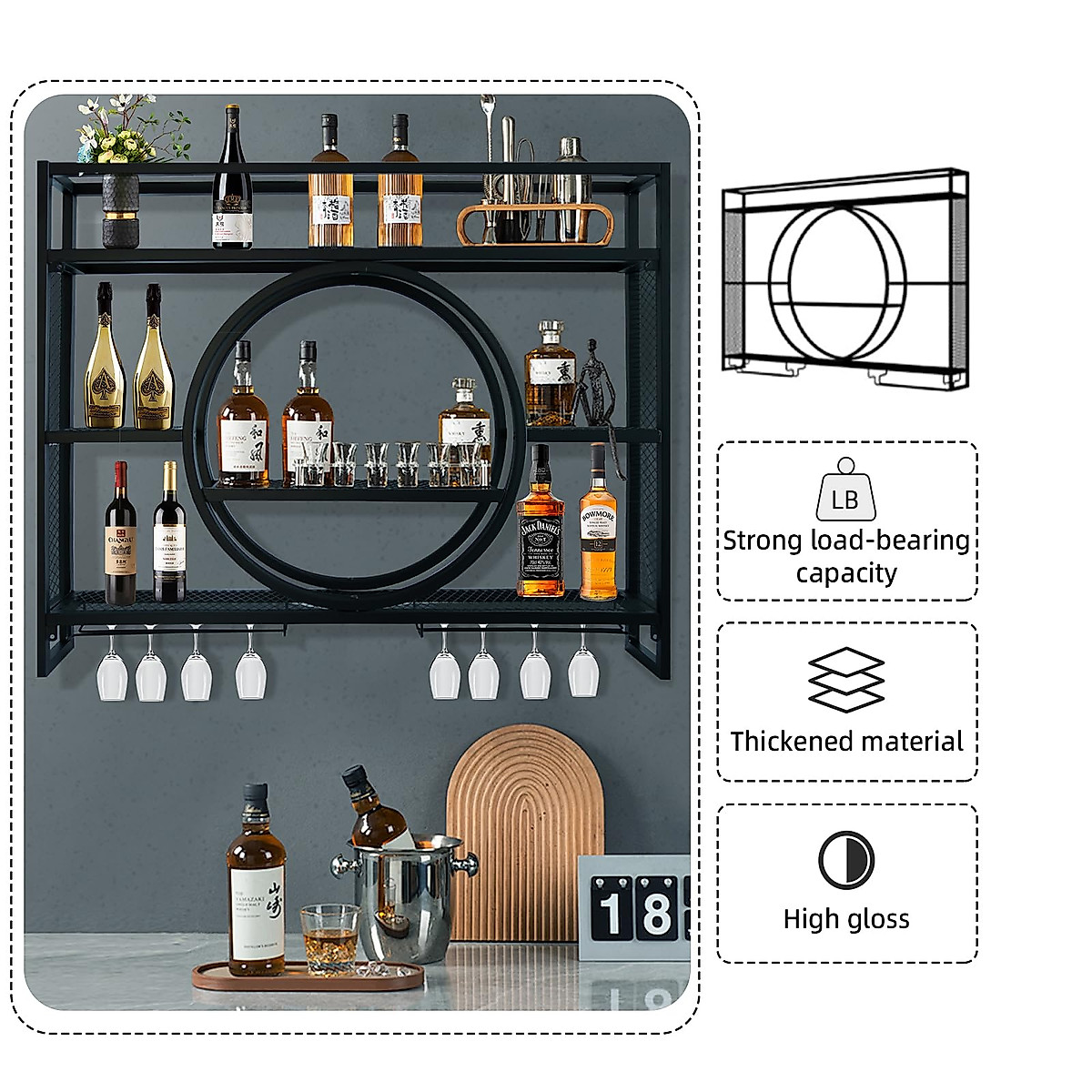 Wall Mounted Wine Rack, Hanging Metal Round Wine Rack Cabinet, Multifunctional Storage Rack, Vintage Style Wine Bottle Shelf, with Wine Glass Holder, for Home Restaurant Bars (120cm/47.2in)