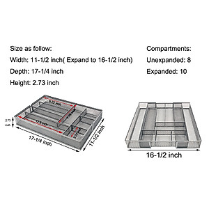 TQVAI Expandable Kitchen Drawer Organizer, 8+2 Compartments Mesh Silverware Utensils Holder, Adjustable Cutlery Flatware Tray, Silver