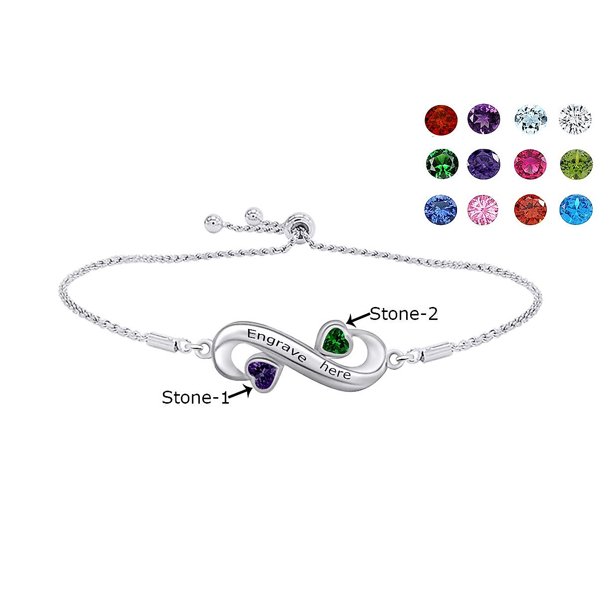 AFFY Mother's Day Jewelry Gifts Personalized Simulated Birthstone Name Engraved Double Heart Infinity Bolo Bracelet 14k White Gold Plated Sterling Silver