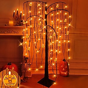TURNMEON 5 Feet Lighted Halloween Tree Decor with Timer,108 LED Black Scary Willow Tree Purple Lighted 24 Spiders Ornaments Halloween Decorations Outdoor Indoor Holiday Home Yard Garden(Adapter/Timer)