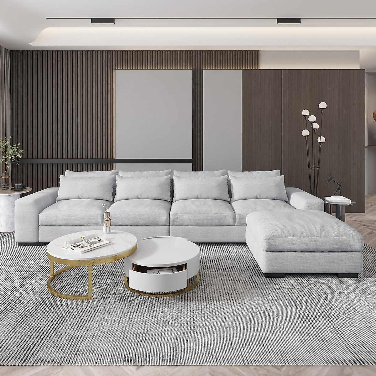 JACH 150in Couch, Feather Filled Wide Reversible Sofa Chaise, L Shaped Sofa Couch Set with Ottoman Modular Sectional Sofa for Living Room, Apartment, Home, Hotel (Light Grey)