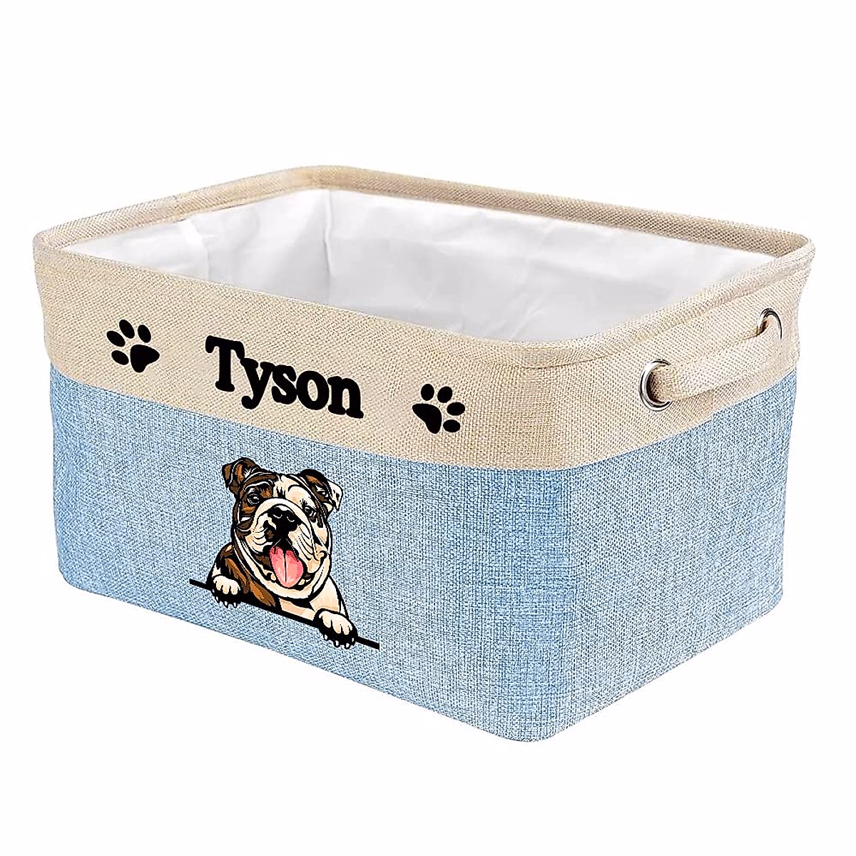 MALIHONG Personalized Foldable Storage Basket with Cute Dog English Bulldog Collapsible Sturdy Fabric Pet Toys Storage Bin Cube with Handles for Organizing Shelf Home Closet, Blue amd White