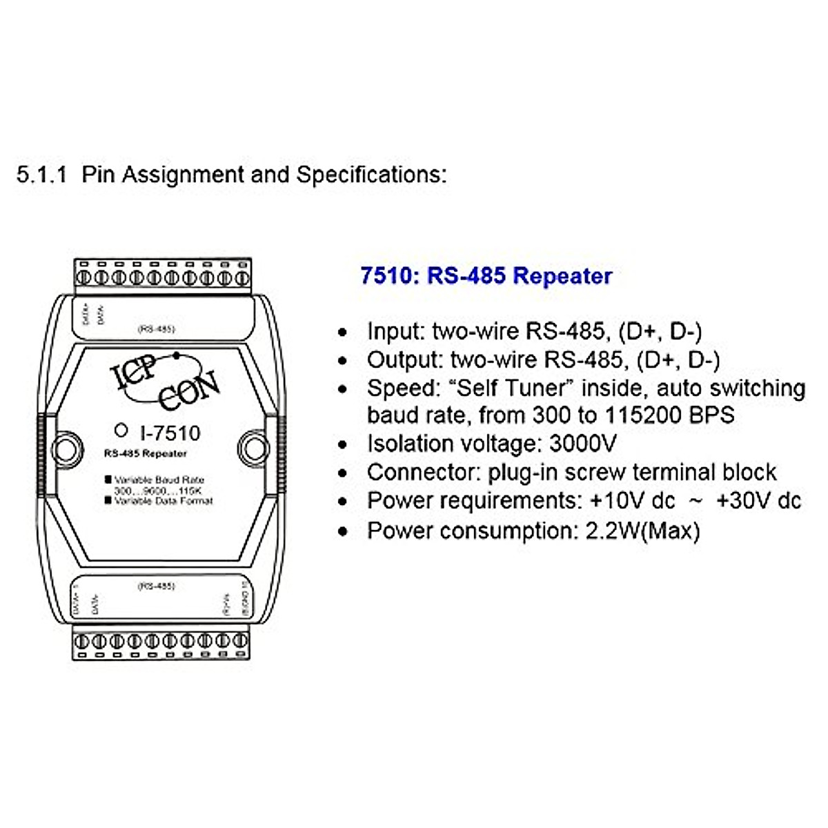 ICP DAS USA ICP-I-7510 RS-485 Isolated High Speed Repeater.