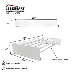 LEBENSART Laundry Drying Rack, Stainless Steel Collapsible Wall Mounted Space Saving Clothes Drying Rack, Indoor and Outdoor Foldable Drying Rack, 40lbs-14Ft Drying Capacity,27,5" (White)