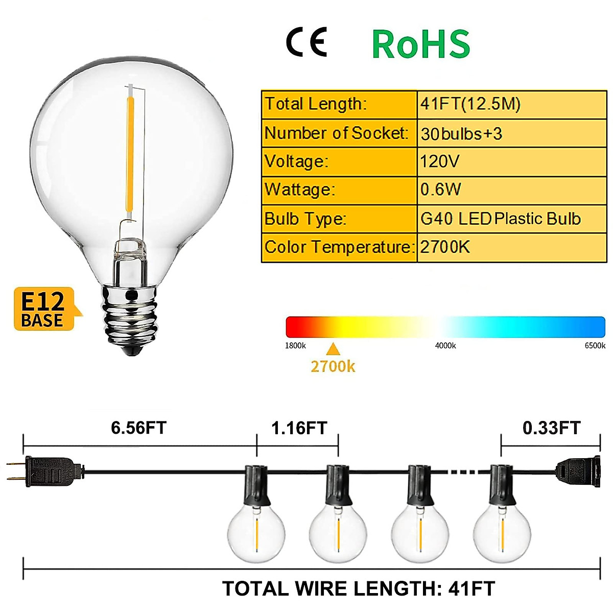 Outdoor String Lights G40 Globe LED Bulbs, Panaromia 41FT Patio Lights 30+3 Bulbs, Waterproof Shatterproof Hanging Lights for Indoor Outside Garden Home Christmas Xmas Warm White (A-LED-41ft)