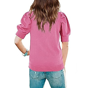 Girls Puff Short Sleeve Sweater Tops for Teen Girls Crew Neck Blouse Crochet Knit Soft Pullover Shirt 13-18 Years