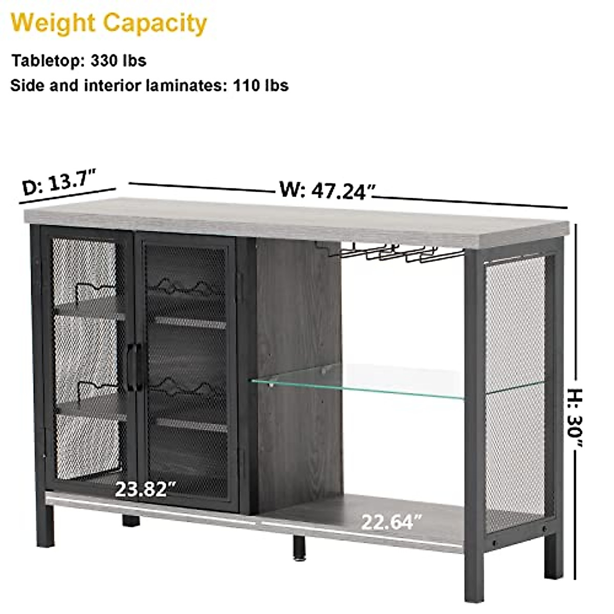 SOSPIRO Liquor Bar Cabinet with LED Lights, Industrial Wine Bar Cabinet with Wine Rack and Adjustable Shelves, Steel Coffee Bar for Home Dining Living Room Furniture, Grey
