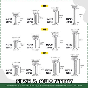 Keadic 300Pcs 12 Sizes Solid Aluminum Brazier Head Rivets Assortment Set, M4 M5 M6 10mm 14mm 20mm 25mm Length Aluminum Rivets Fastener for Household Machinery Automobile Industry