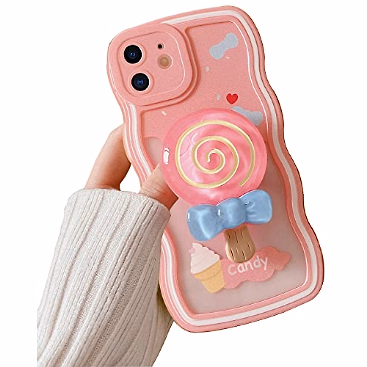 KUMTZO Compatible with iPhone 12 Case, Cute Cream Print Clear Soft TPU Case with Candy Ring Kickstand Camera Protection Shockproof Cover for Women Girls with iPhone 12 6.1 inch (Pink)