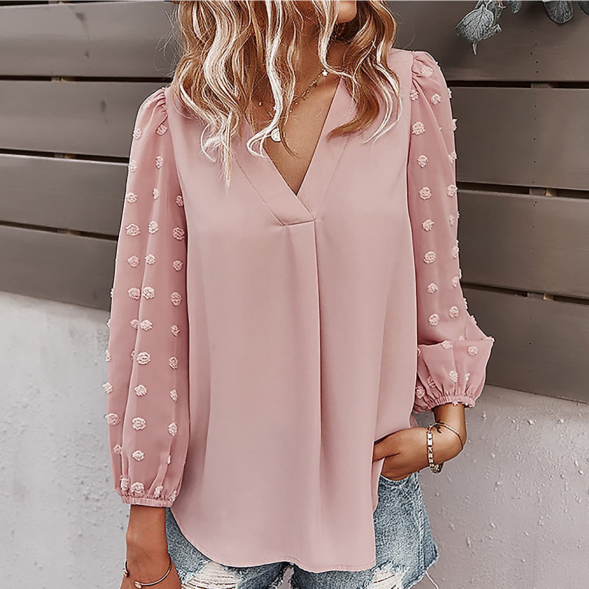 Wondere Summer Solid Color Tops Womens Chiffon Tunic V Neck Shirt Long Sleeve Tees Casual Polka Dot Blouse (XL, Pink)