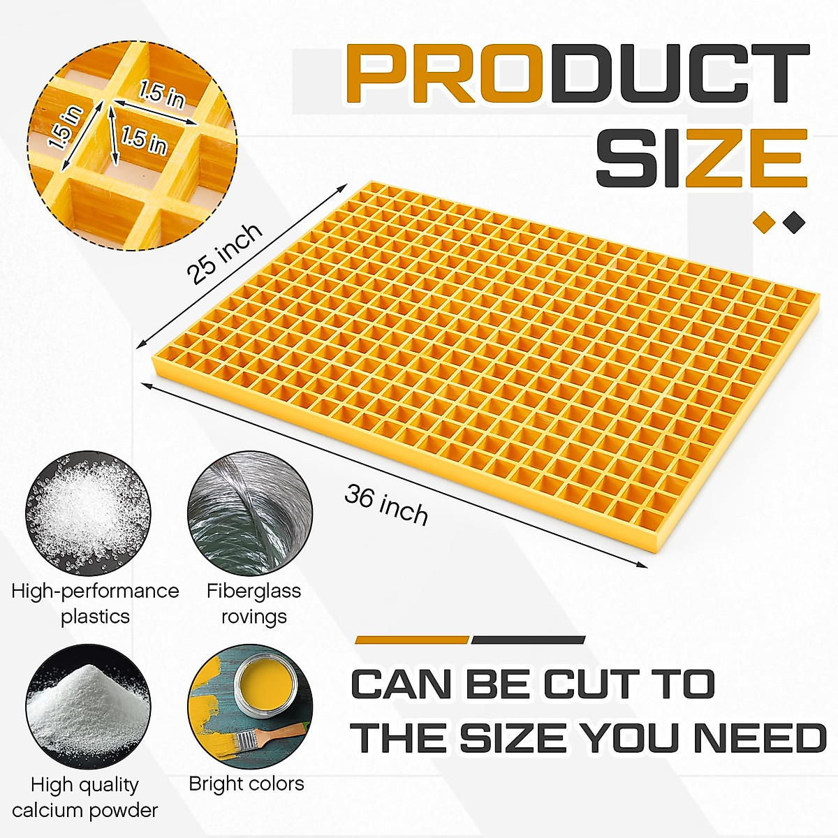 Cinnvoice 1 Pcs 36 x 25 in Fiberglass Molded Grating Floor Bar Frp Grating 1.5 x 1.5 in Square Panel Grille for Tree Grate, Pigeon Loft, Trenches, Drainage, Decks