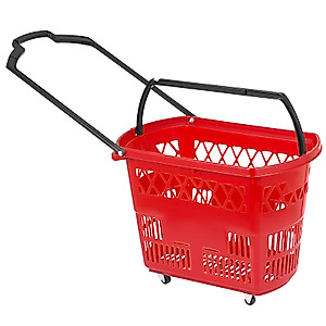 Mophorn 6PCS Shopping Carts, Plastic Rolling Shopping Basket with Wheels, Red Shopping Baskets with Handles, Portable Shopping Basket Set for Retail Store