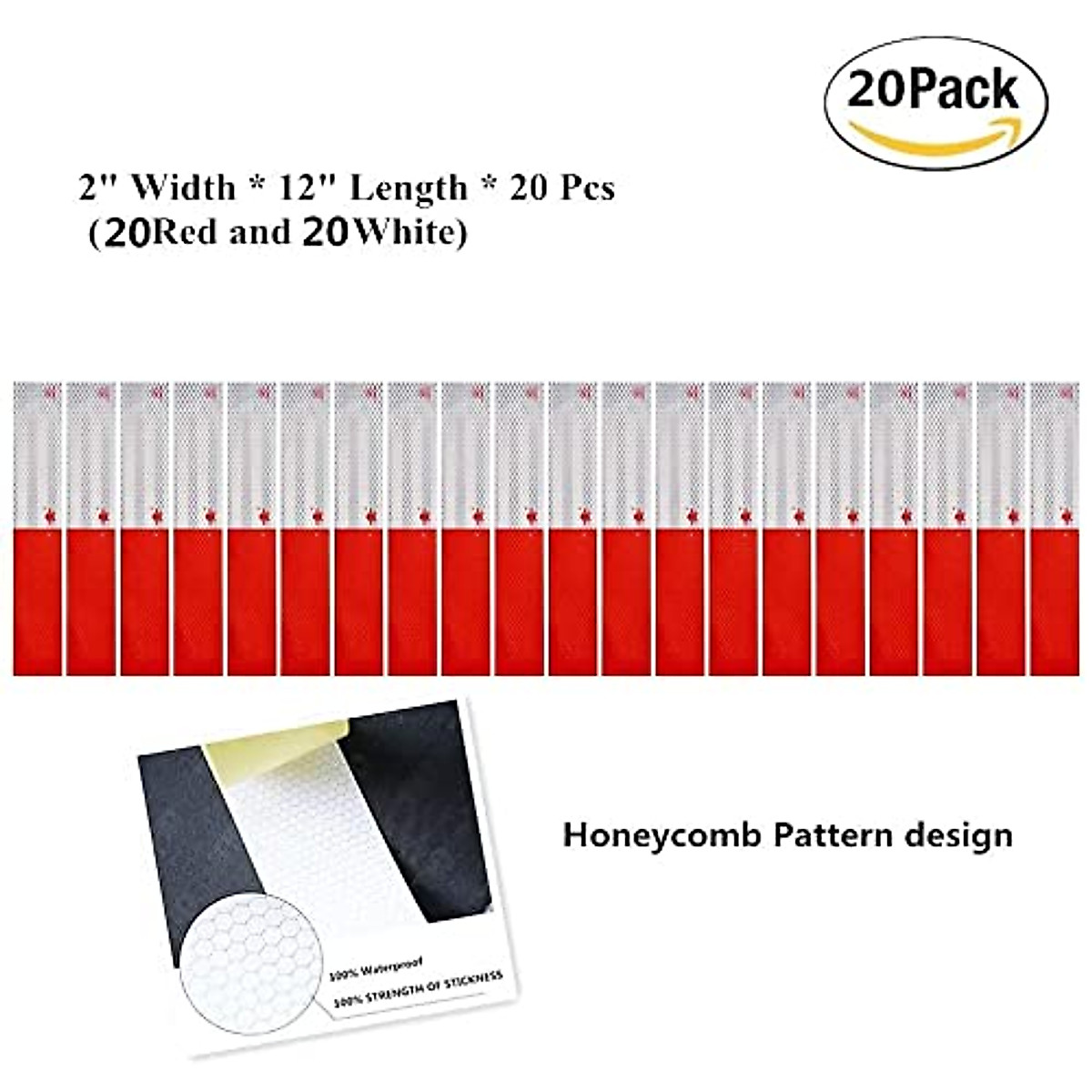 Reflective Tape, Self-Adhesive Reflective Tape Outdoor Waterproof Safety Caution Warning, Trailer Reflector - for RVs, Cars, Trucks, Trailers, Boats, Road Signs(Red/White), 2" × 12"- 20 Pack