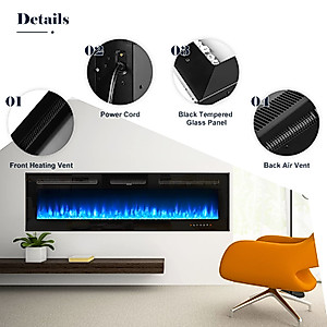 oneinmil Electric Fireplace, 60 inch Wide Recessed and Wall Mounted Electric Fireplace, 750W/1500W, 12 Color Flame, Remote Control, Log Set & Crystal