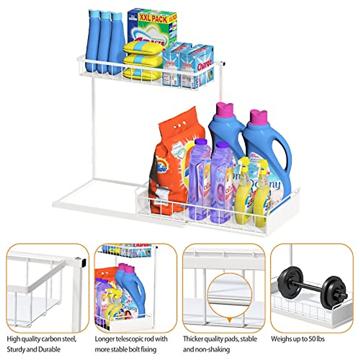 Under Sink Organizers and Storage, Pull Out Cabinet Organizer with Sliding Shelf 2 Tier Under Cabinet Storage Multi-purpose for Under Kitchen Bathroom Cabinet Organizer (White)